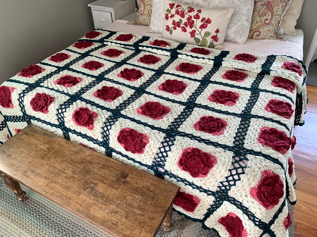 Queen King Size Vintage Crochet Afghan W Rose Pattern, Vintage Crochet ...