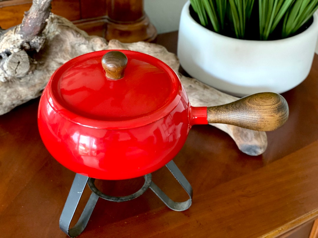 Fondue Pot W Stand, Midcentury Modern Cherry Red Enamel Fondue Pot With ...