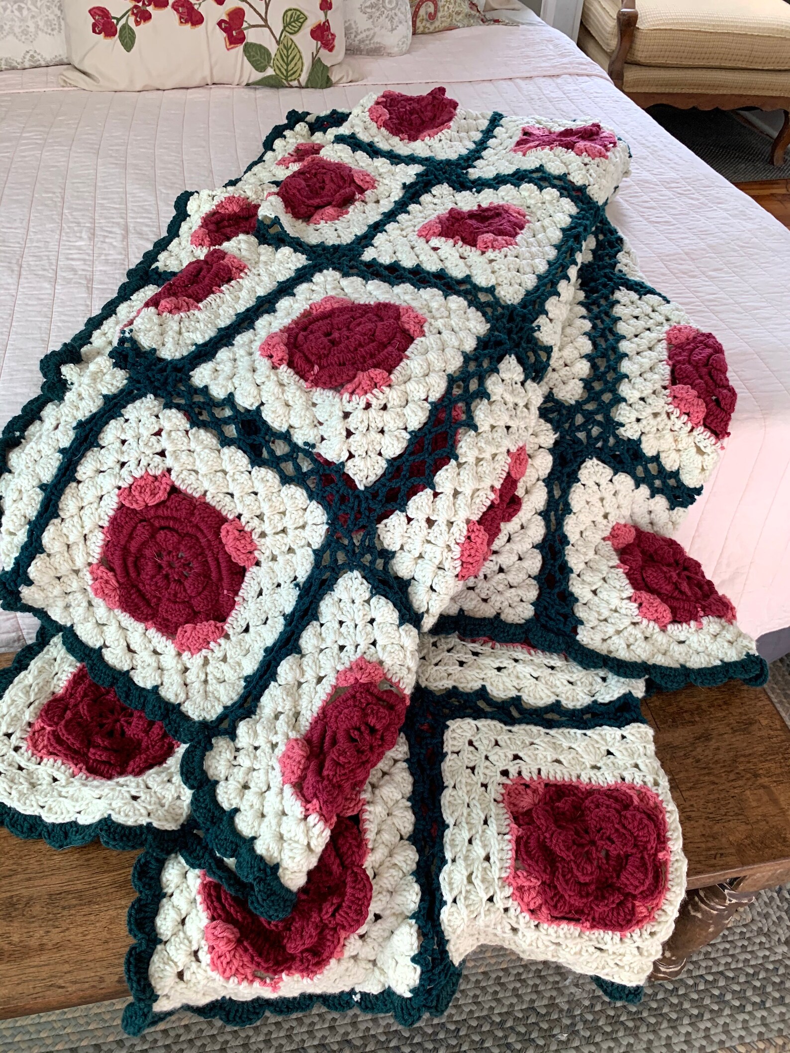 Queen King Size Vintage Crochet Afghan W Rose Pattern Vintage | Etsy
