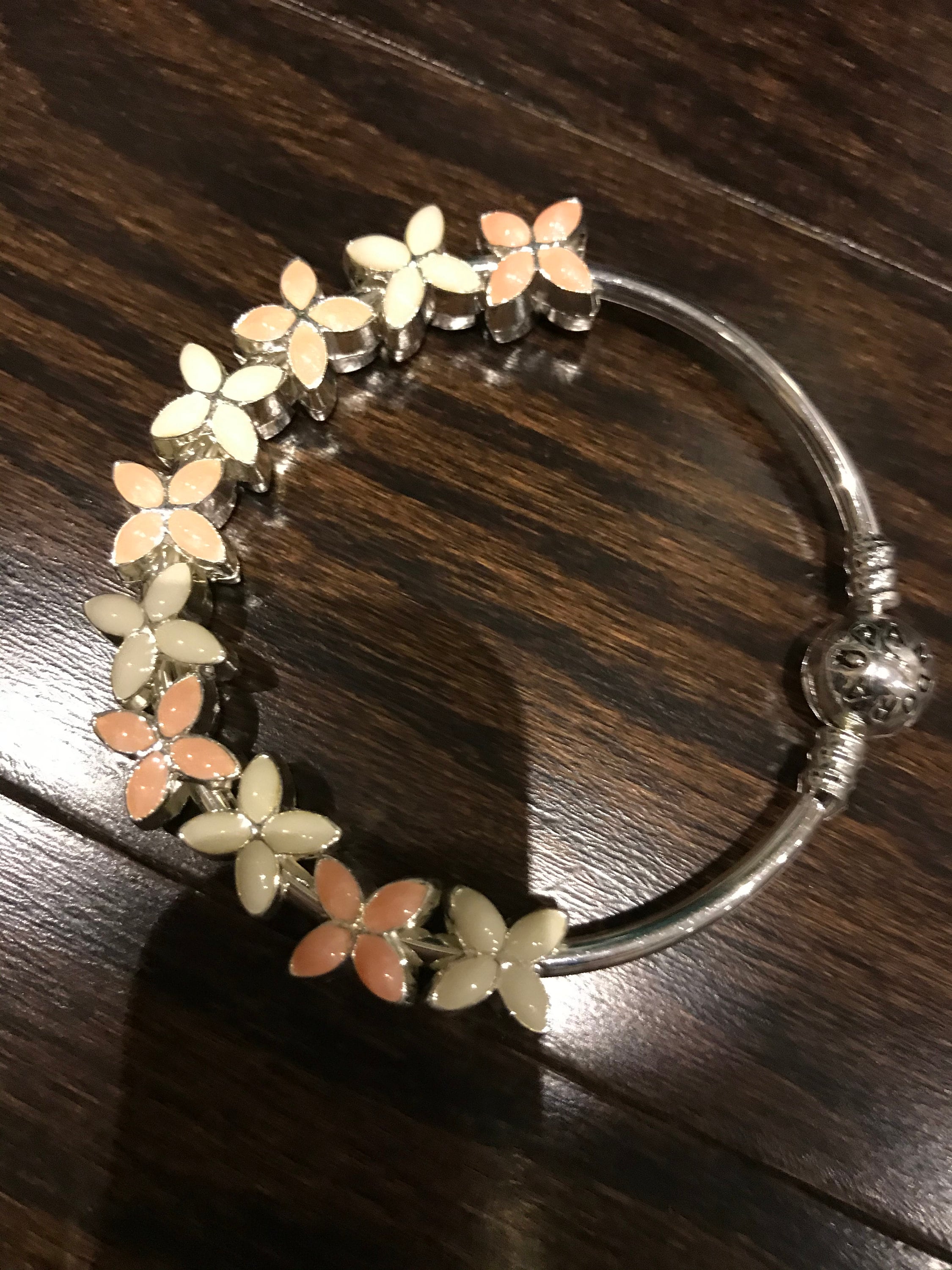 Sterling Silver PANDORA Style Bangle With off White and Peach - Etsy