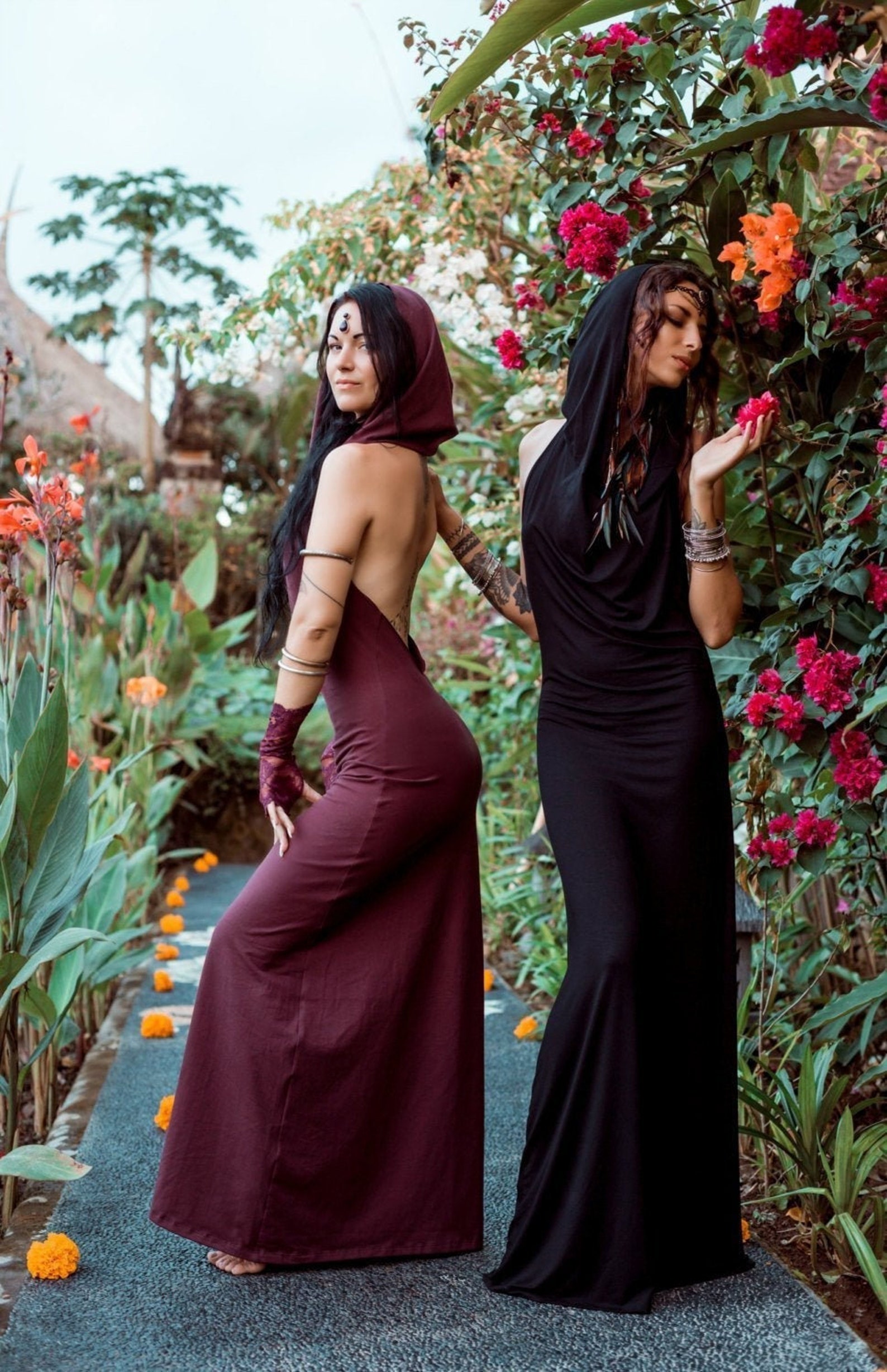 Black Dancing Dakini Hooded Backless Dress Witch Tribal Fusion Bamboo ...