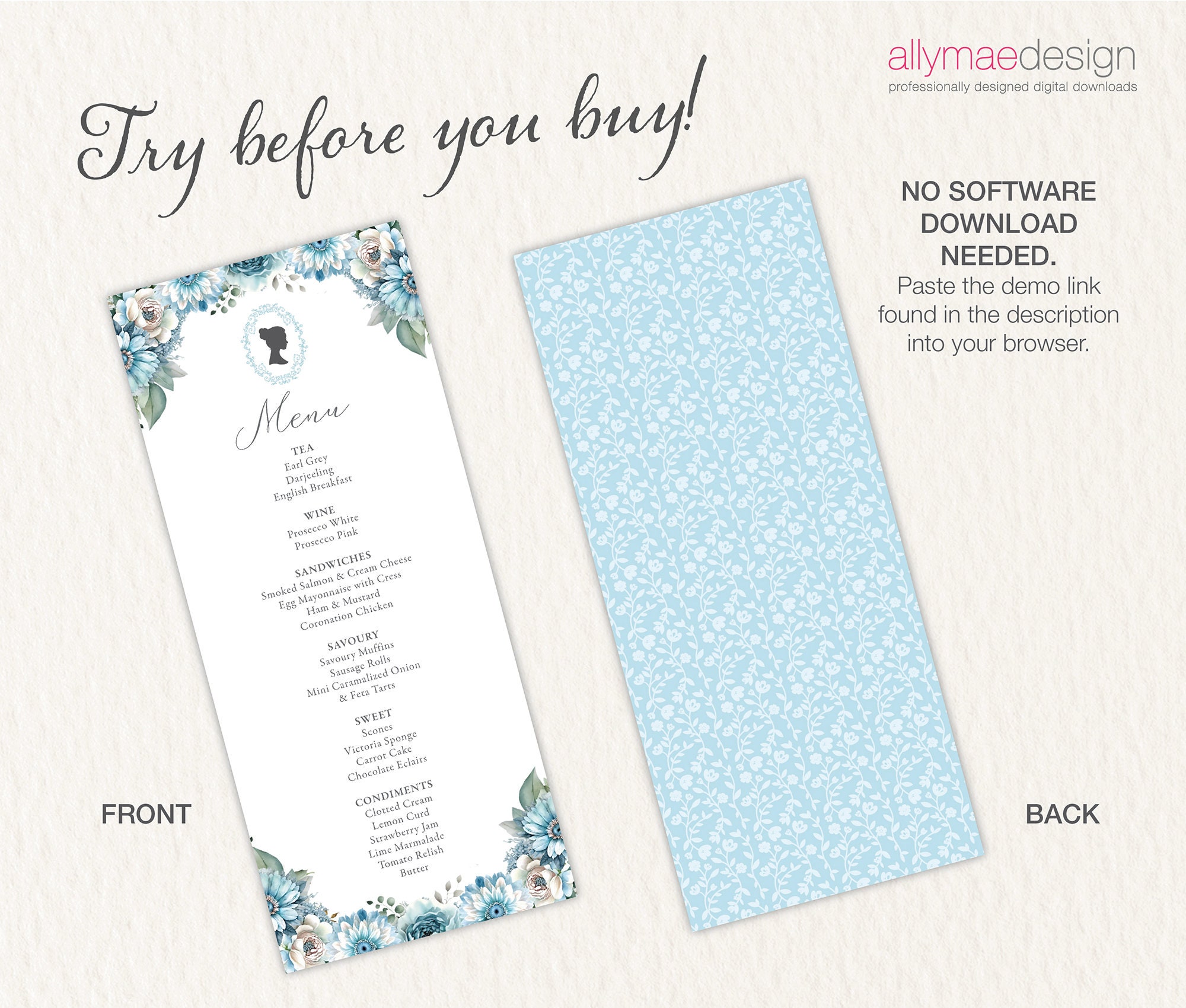 Bridgerton Tea Party Menu With Dusty Blue Flowers, 4 X 9 With Cameo ...