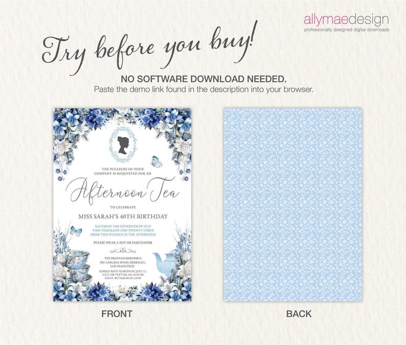 Regency Afternoon Tea Invitation: Blue Flowers, Cameo, Teapot, (5x7 ...