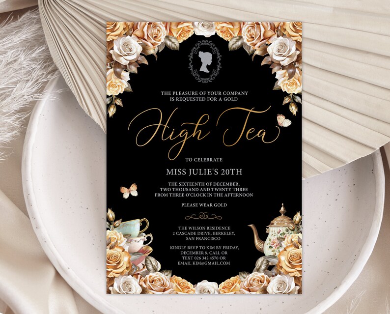5 X 7 Black With Gold Roses High Tea Invitation, Bridgerton Theme ...