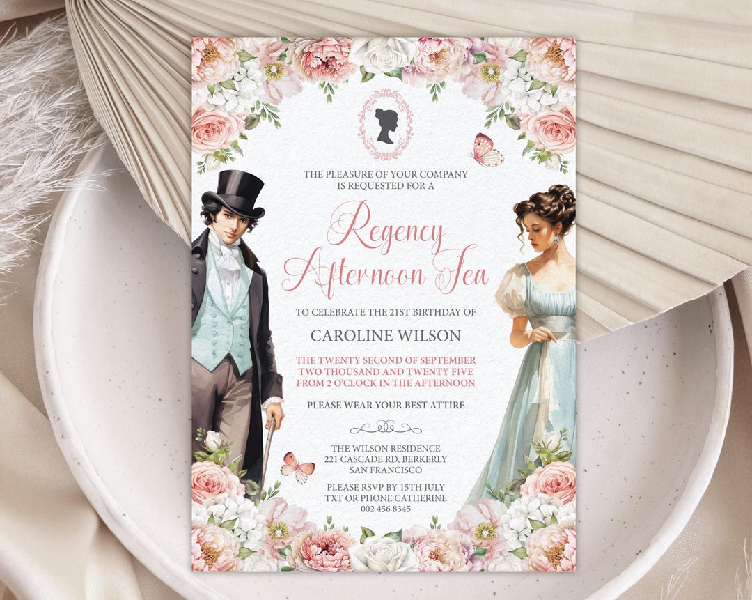5 X 7 Regency Tea Party Invitation, Pink, White, Blue, Bridgerton Style ...