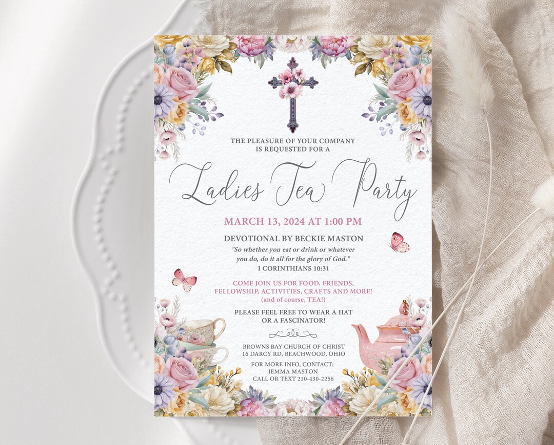 5 X 7 Ladies Tea Party Church Event Invite With Pastel Flowers ...