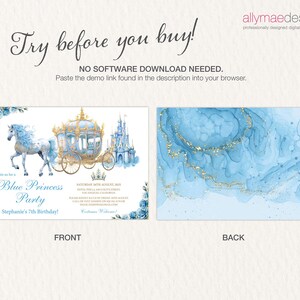 7 X 5 Blue Princess Birthday Invitation, Blue Flowers, Blue & Gold Back ...