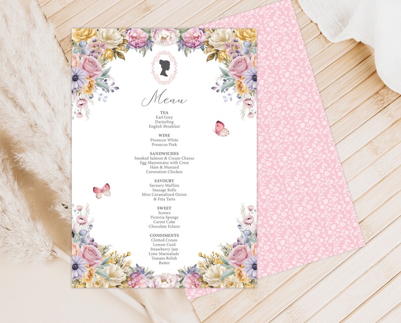 5 X 7 Bridgerton Tea Party Menu With Pastel Flowers, Bridgerton Cameo ...