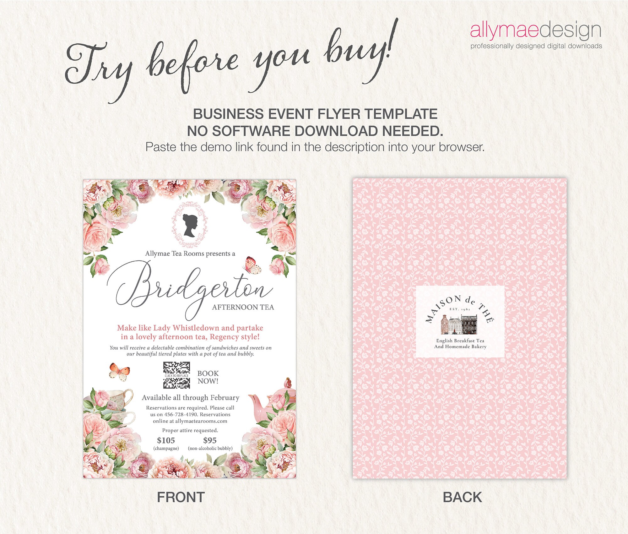 5 X 7 Bridgerton Afternoon Tea Blush Pink Business Event Flyer With ...