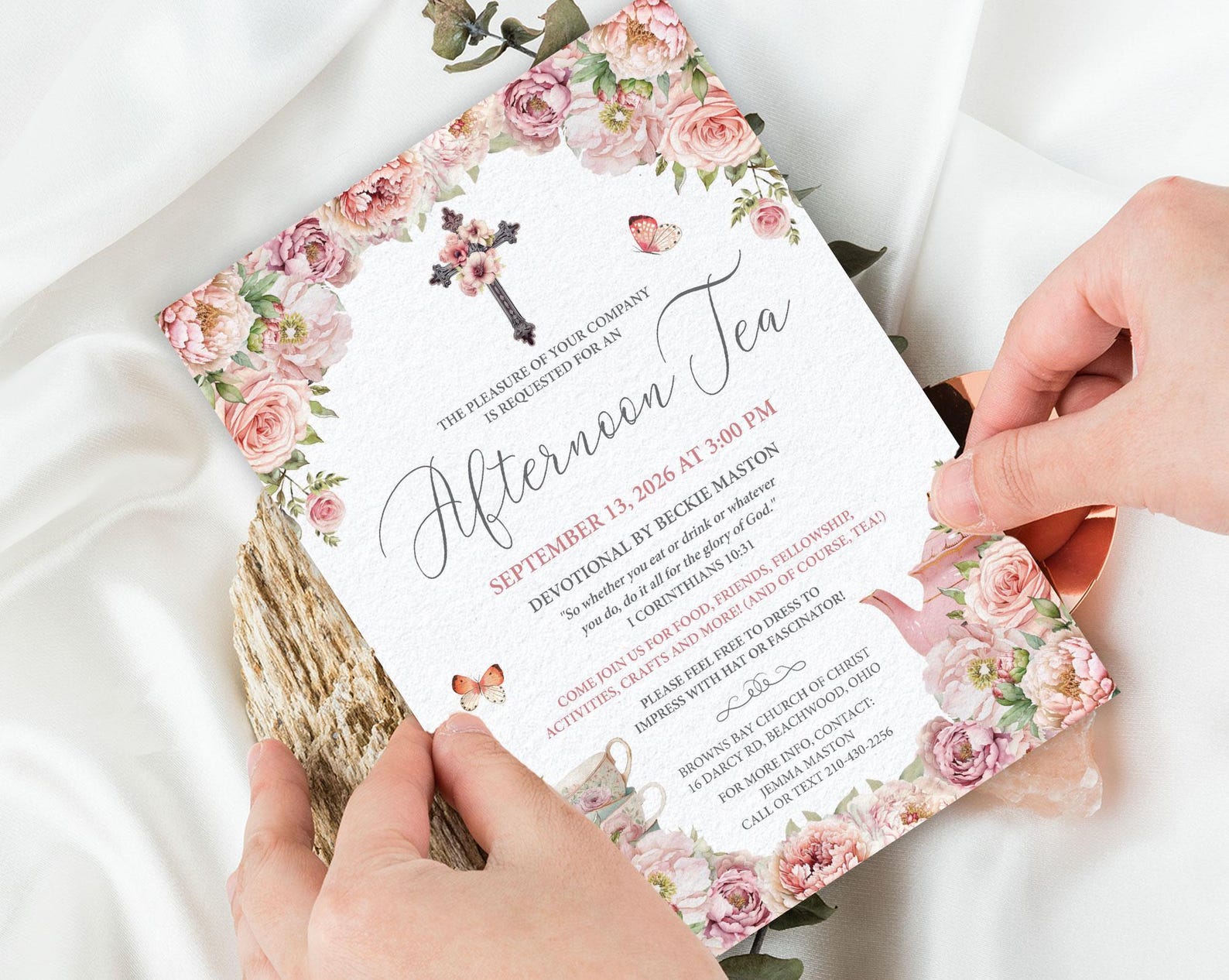 Church Afternoon Tea Invite: Blush Pink, Christian Cross, Scripture ...