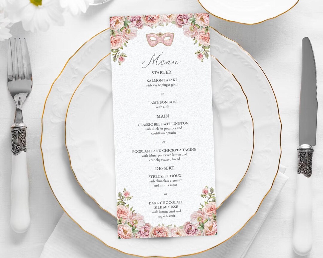 4 X 9 Masked Ball Menu With Blush Pink Flowers, Masquerade Mask ...