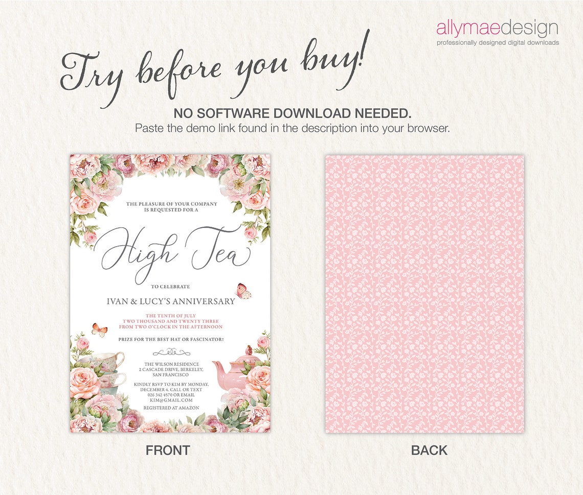 Pink High Tea Anniversary Invitation With Pretty Florals, Editable ...