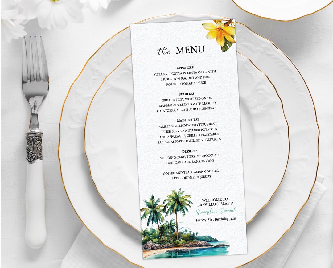 4 X 9 Island Party Menu With Tropical Island, Blue Sea and Yellow ...