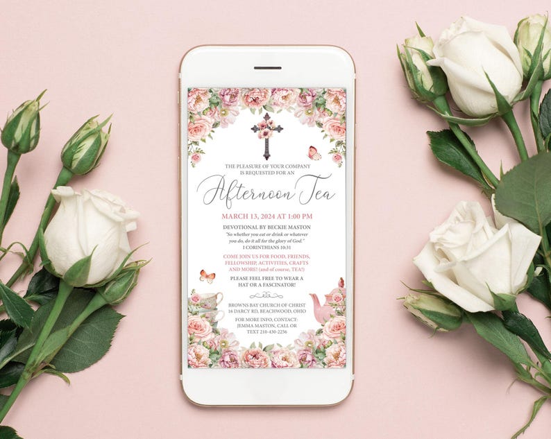 Church Afternoon Tea Invite Mobile, Blush Pink, Christian Cross ...