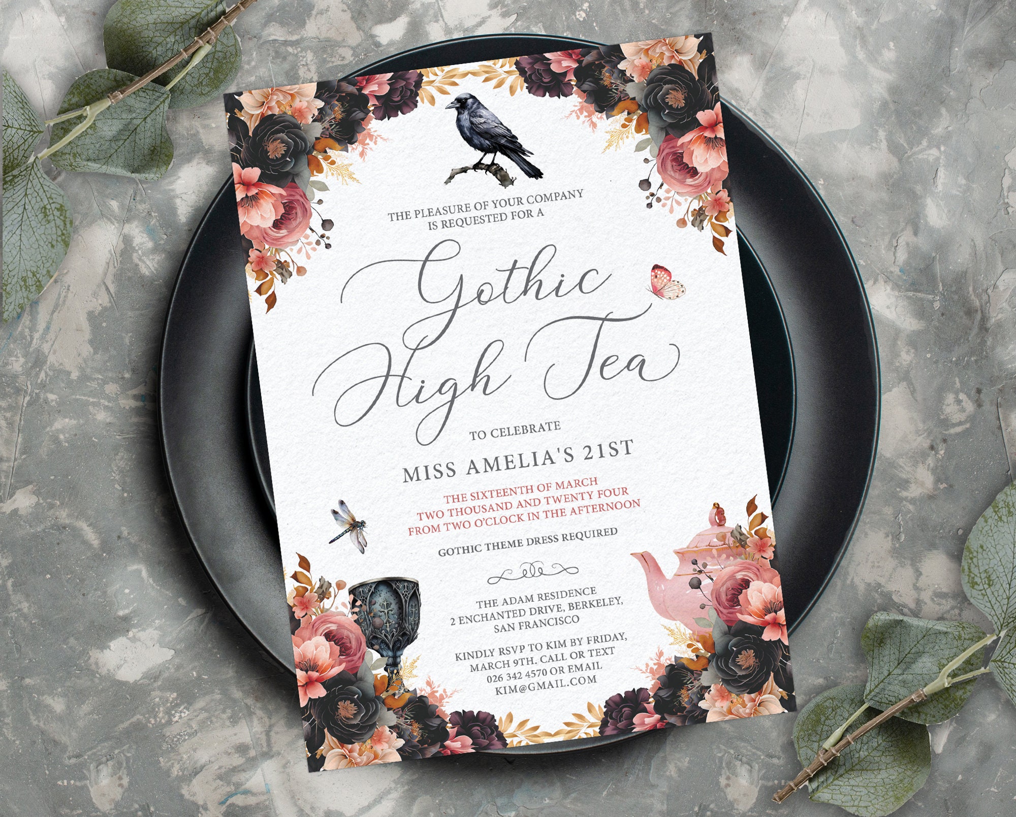 5 X 7 Gothic Tea Party 21st Birthday Invite, Black & Peach Flowers ...