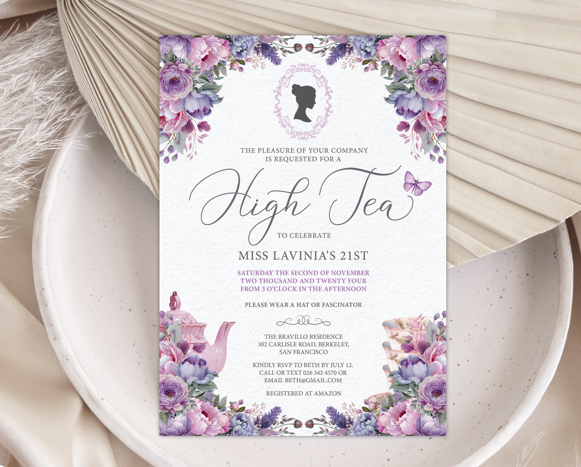 5 X 7 Bridgerton High Tea Invitation With Pink & Purple Flowers, Cameo ...