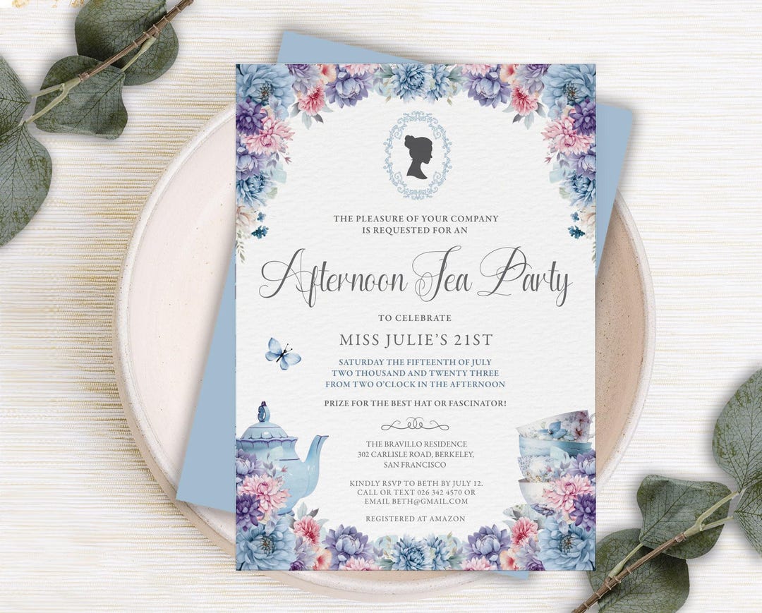 5 X 7 Afternoon Tea Party Invitation, Dusty Blue, Blush Pink Flowers ...
