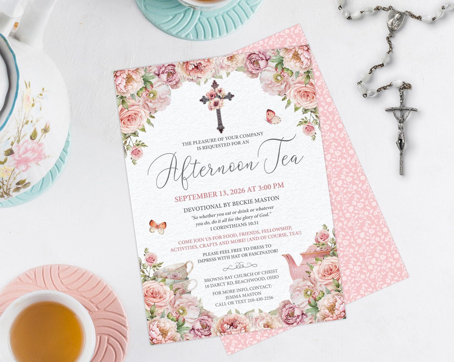 Church Afternoon Tea Invite: Blush Pink, Christian Cross, Scripture ...