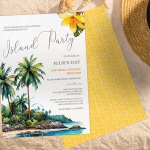 5 X 7 Island Theme Party Invite With Tropical Island, Blue Sea, Yellow ...