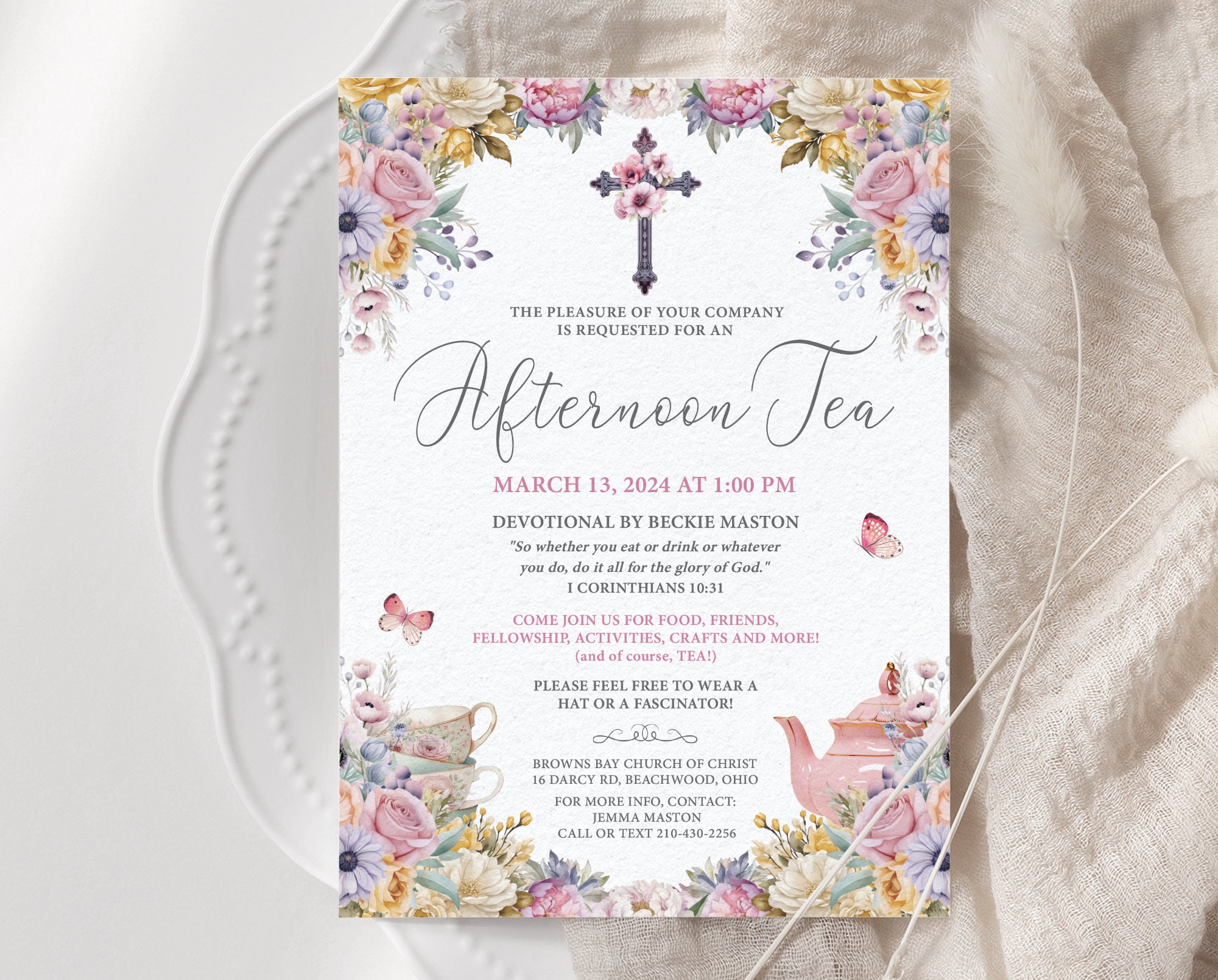 5 X 7 Afternoon Tea Church Event Invite With Pastel Flowers, Devotional ...