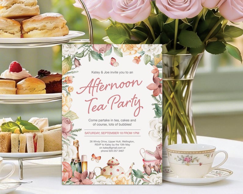 Afternoon Tea Party Invitation, Floral Border, Champagne, Teapot ...