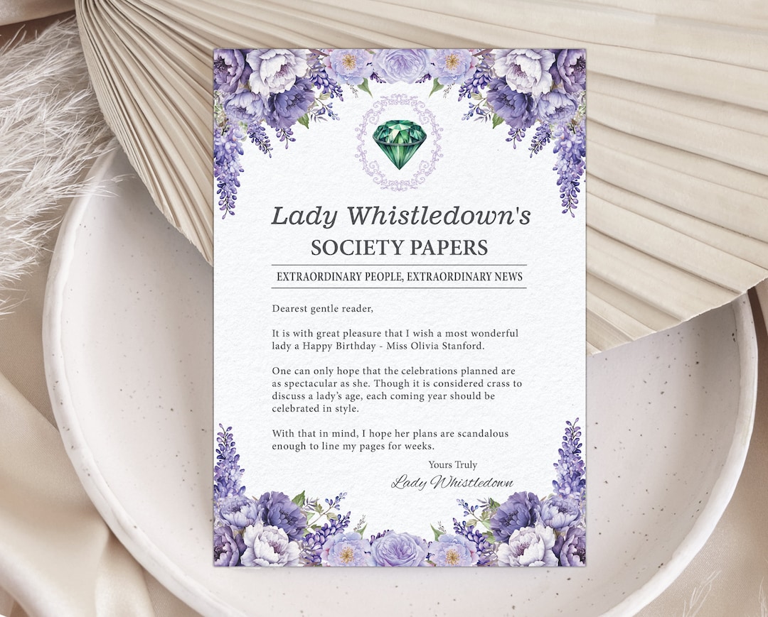 Birthday Lady Whistledown Announce Society Page With Lavender Colored ...