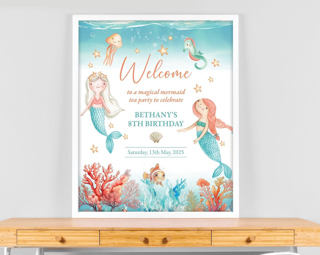 16x20 Mermaid Party Welcome Sign With Mermaids, Sea Creatures, Water ...