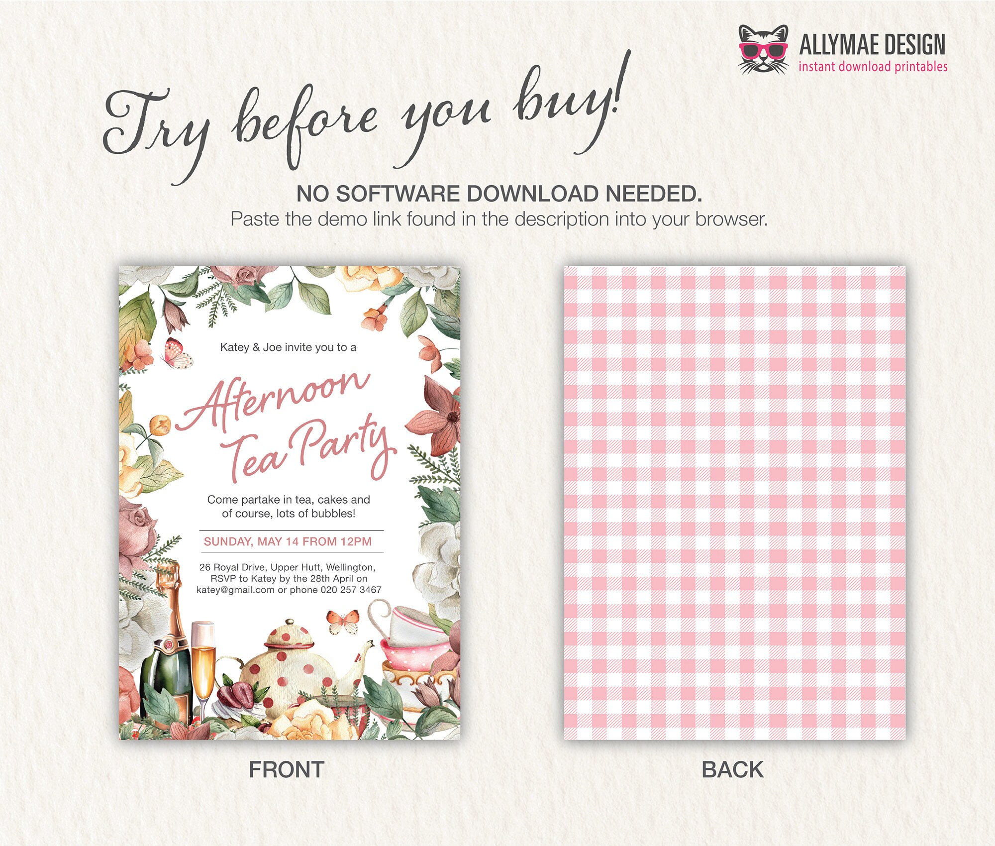 5 X 7 Afternoon Tea Party Invitation With Pretty Floral Border, Teapot ...