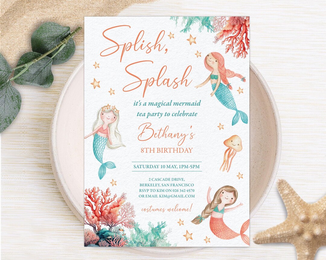 5 x 7 Splish Splash Mermaid Tea Party Invitation, Mermaids, Coral ...