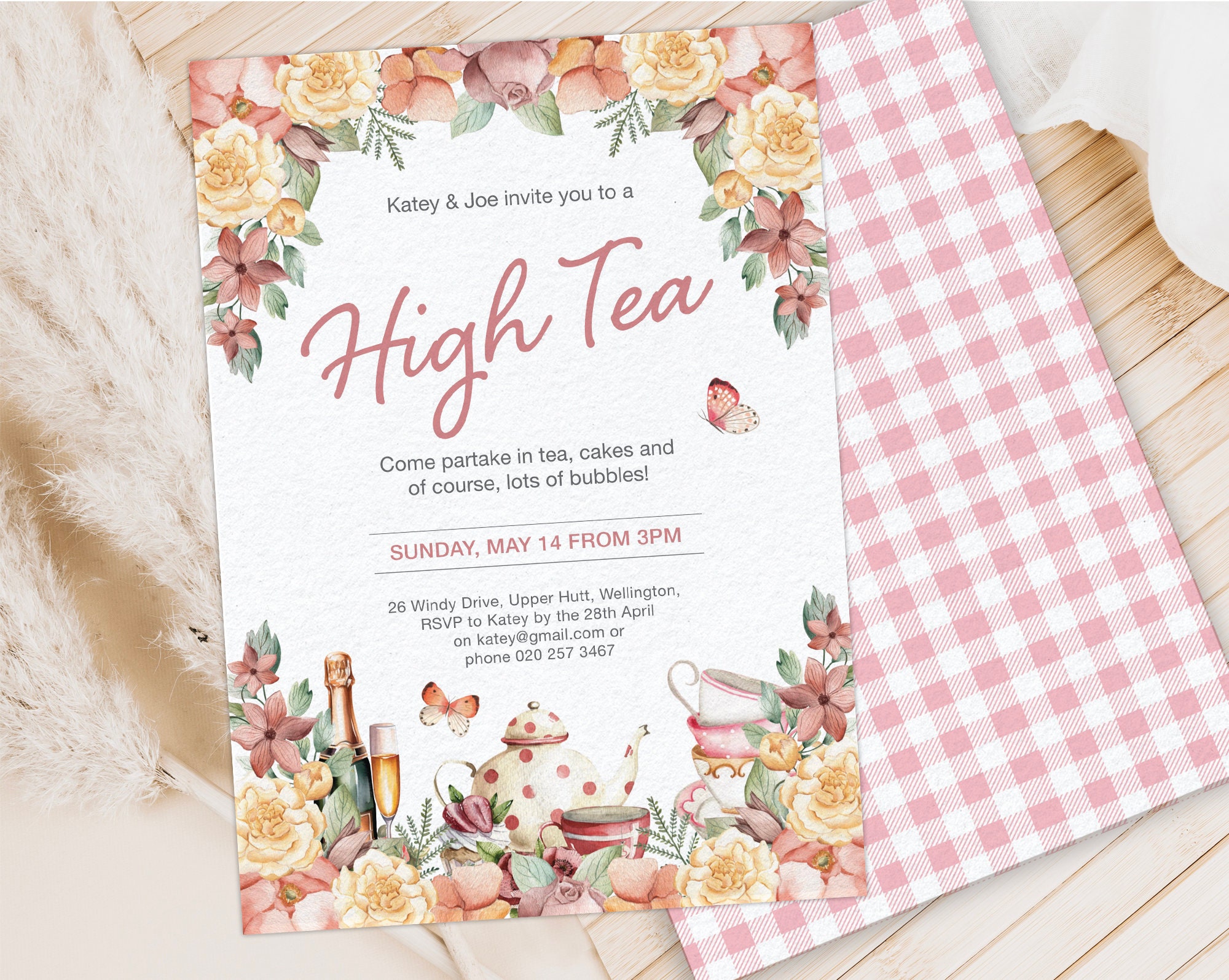 High Tea Invitation, Pretty Yellow Pink Flowers, Butterfly, Champagne ...
