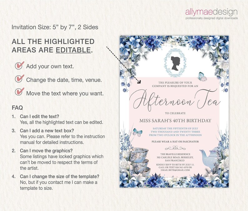 Regency Afternoon Tea Invitation: Blue Flowers, Cameo, Teapot, (5x7 ...
