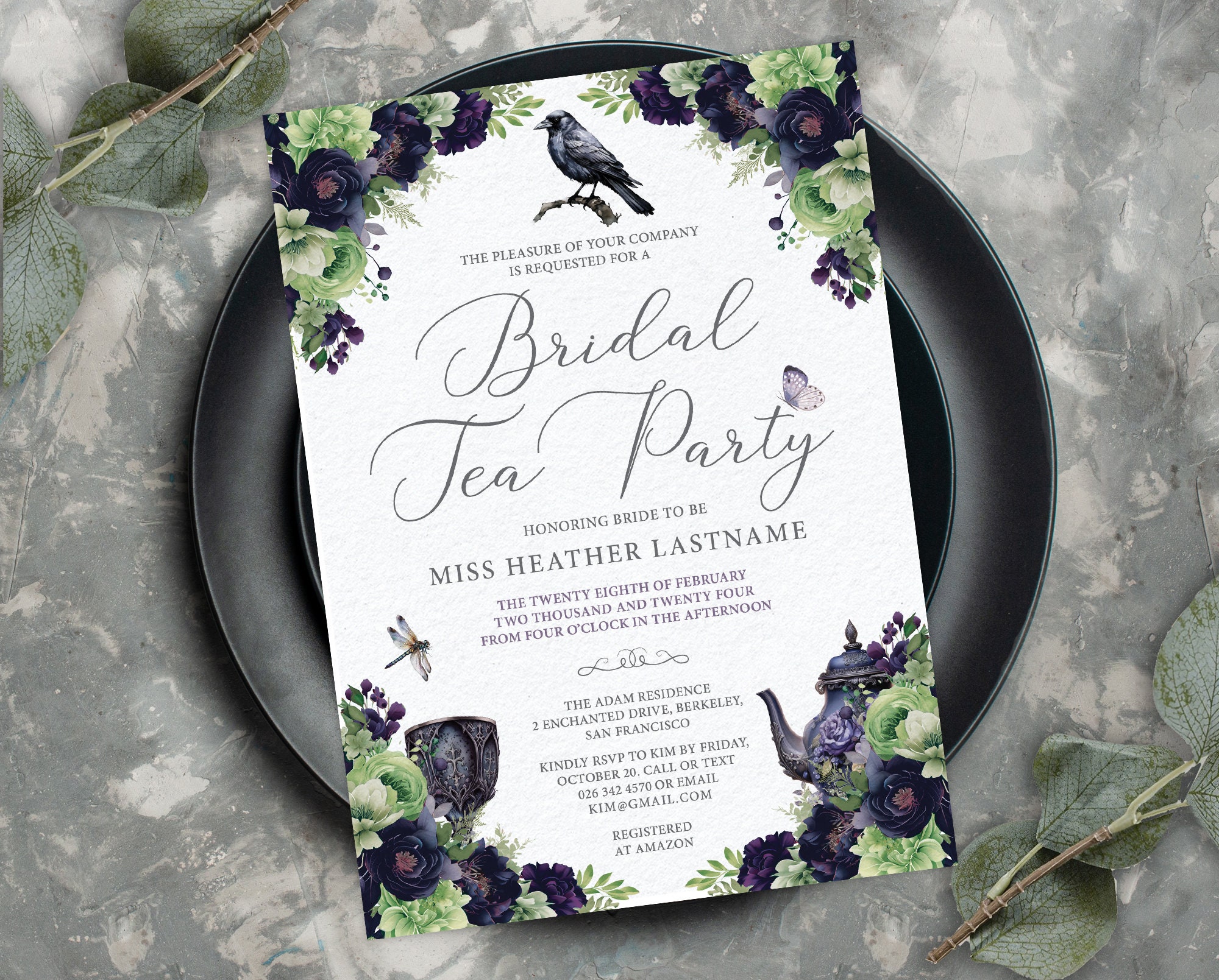 5 X 7 Gothic Bridal Tea Party Invitation, Black Green Floral Border ...