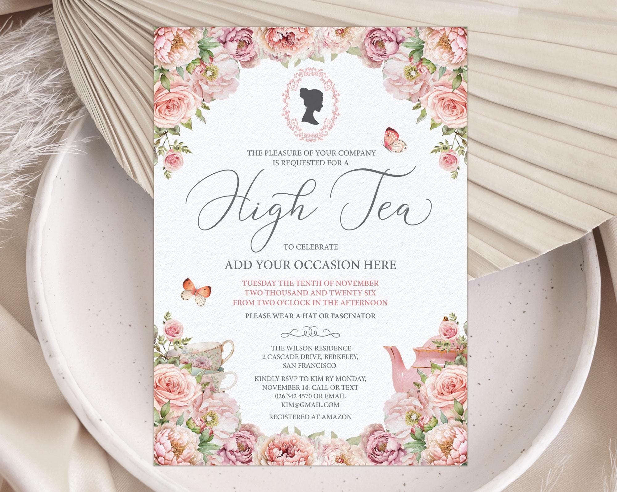 Regency High Tea Invitation With Cameo, Blush Pink Flowers, Teapot, 5x7 ...