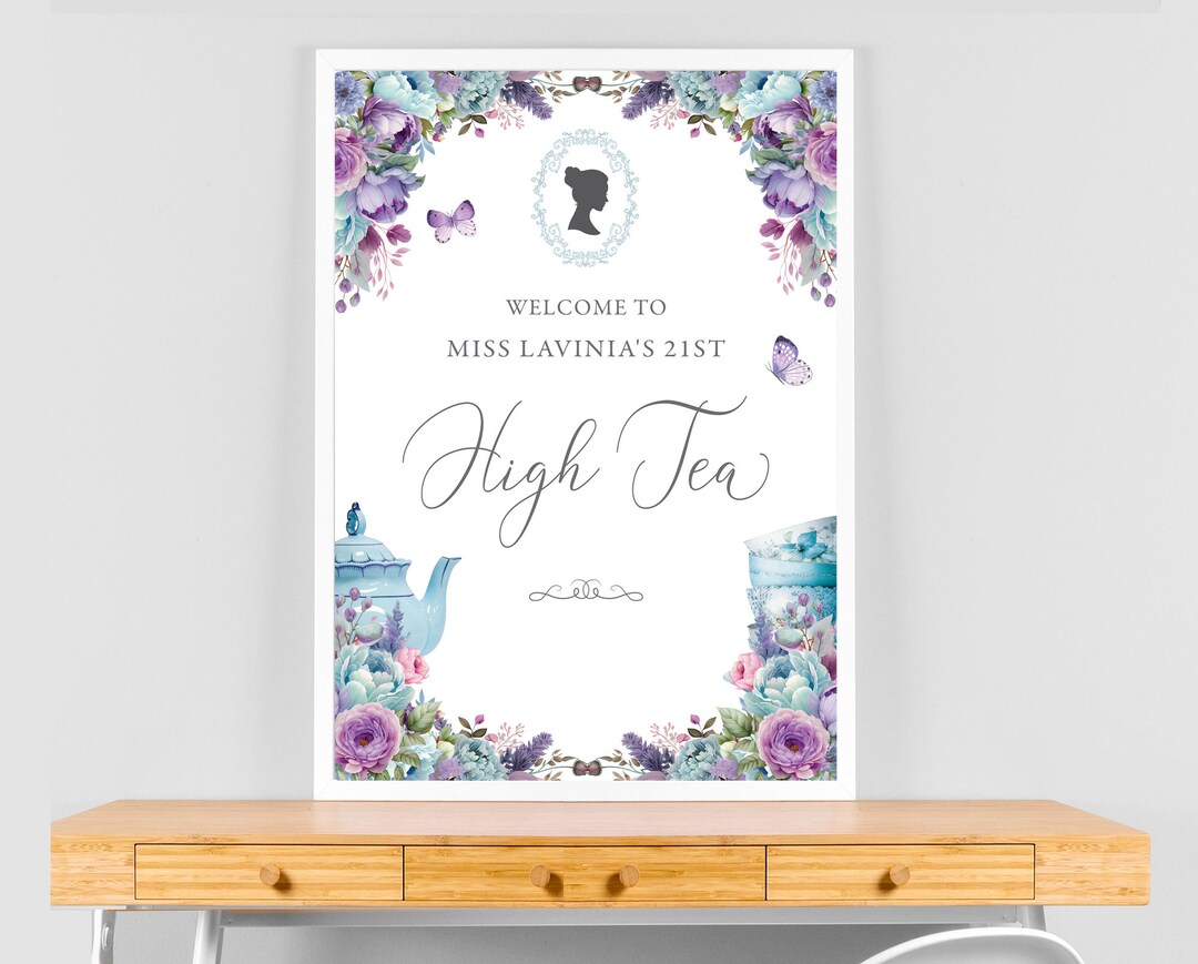 A2 (420 X 594mm) High Tea Welcome Sign, Blue Lilac Flowers, Bridgerton ...