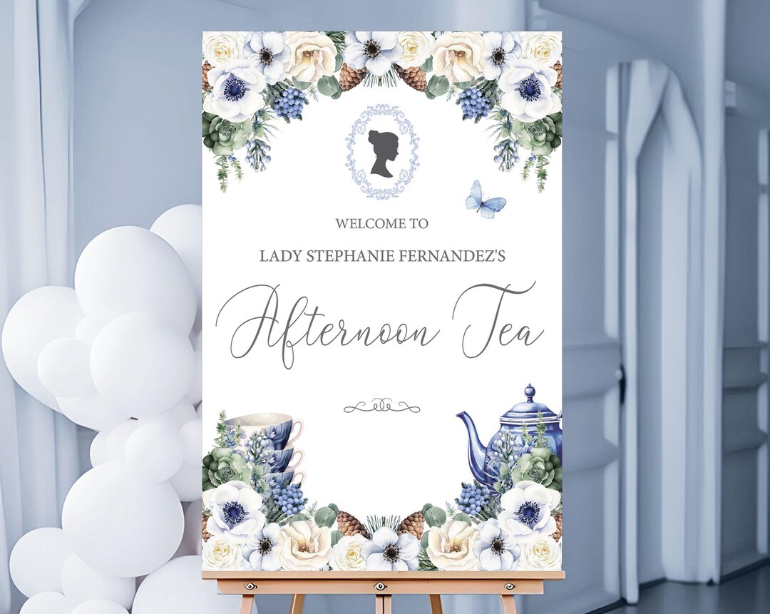 24 X 36 Elegant Afternoon Tea Welcome Sign, Blue, White Winter Floral ...