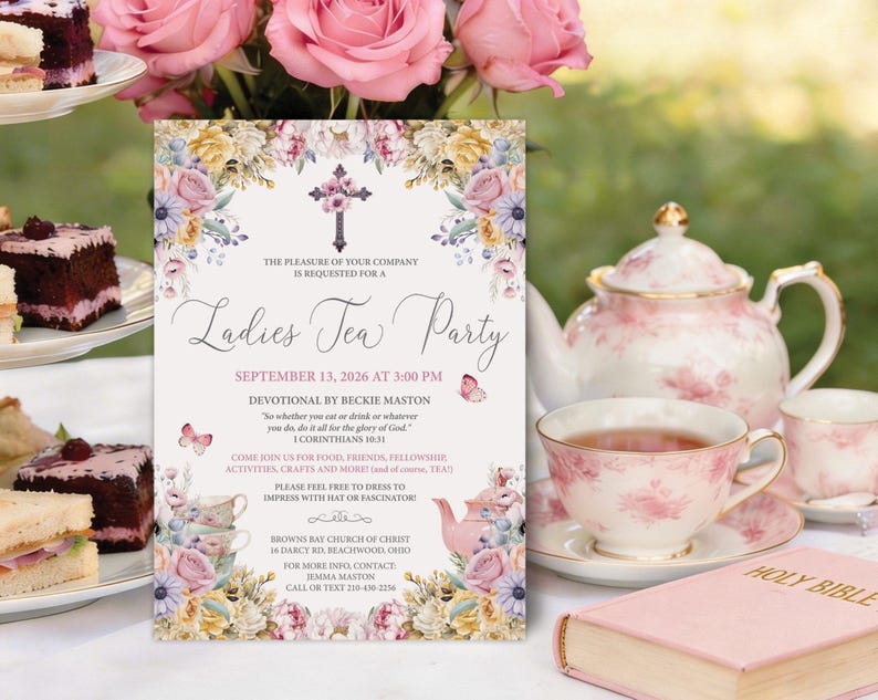 Church Ladies Tea Party Invite, Pastel Flowers, Christian Cross ...