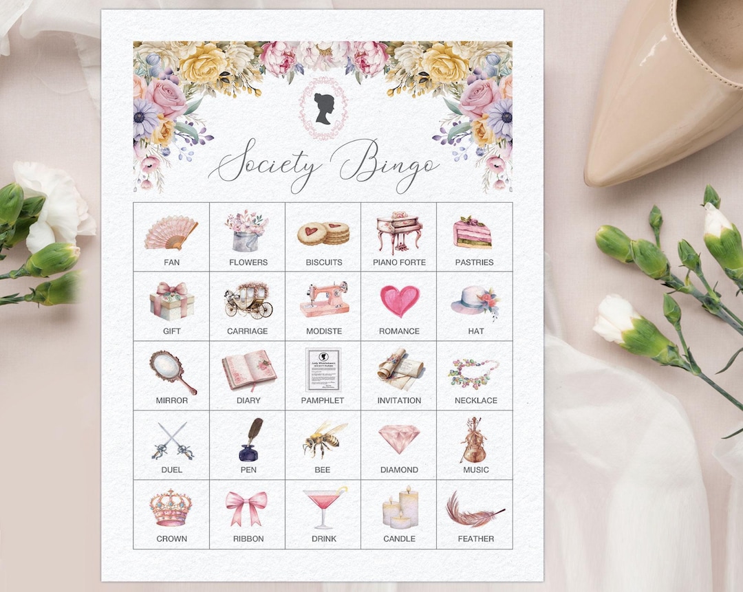 8.5x11 Society Bingo, 20 Cards, Pastel, Regency Cameo, Non-editable ...