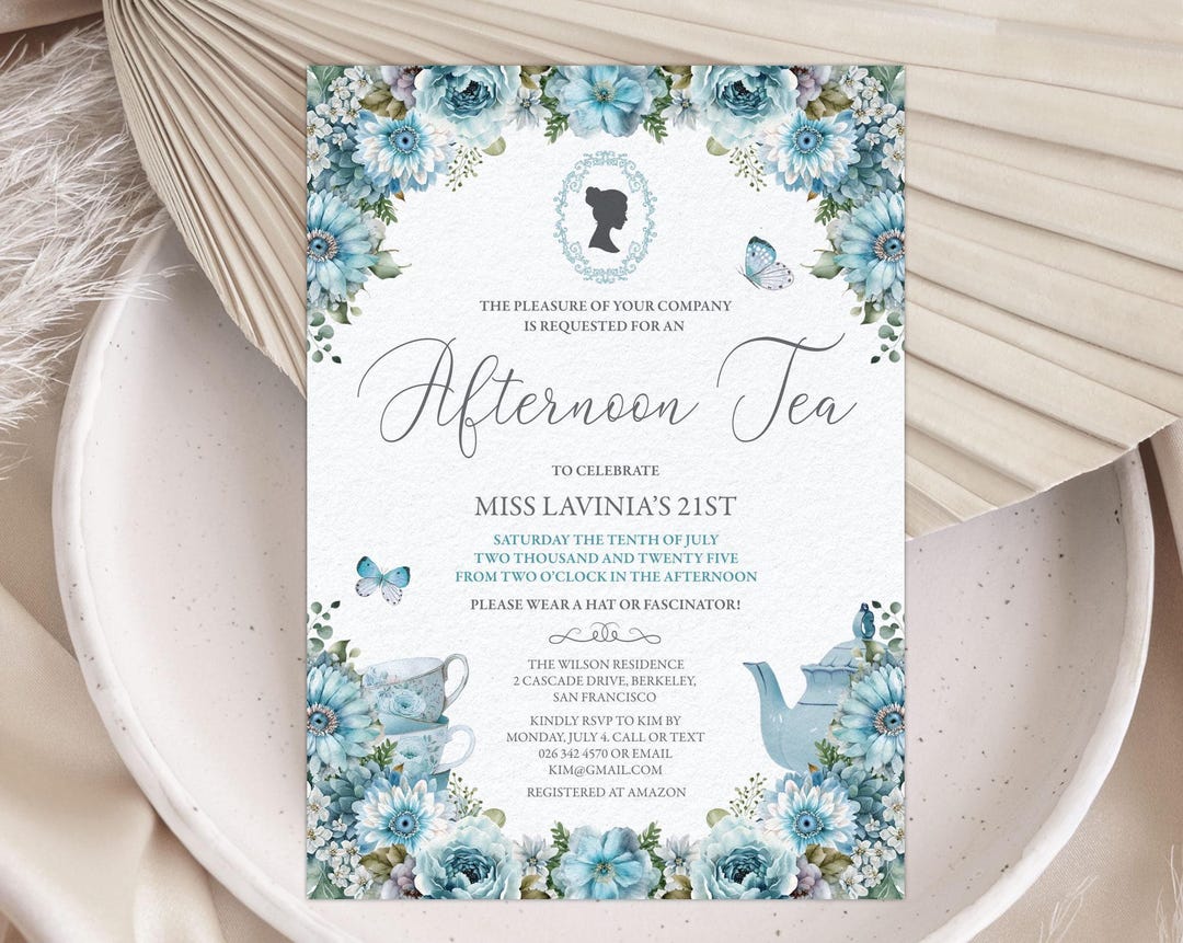 5x7 Regency Afternoon Tea Invitation: Dusty Blue Flowers, Cameo, Corjl ...