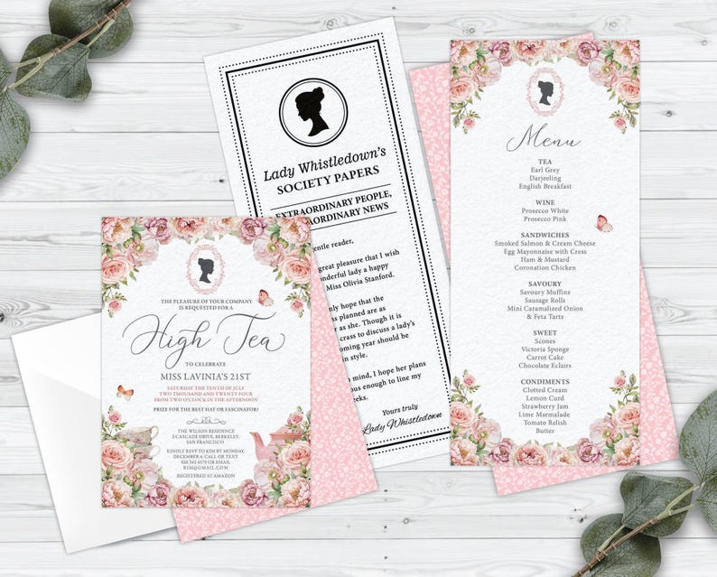 3 Piece Blush Pink High Tea Party Invitation Bundle (editable Corjl ...
