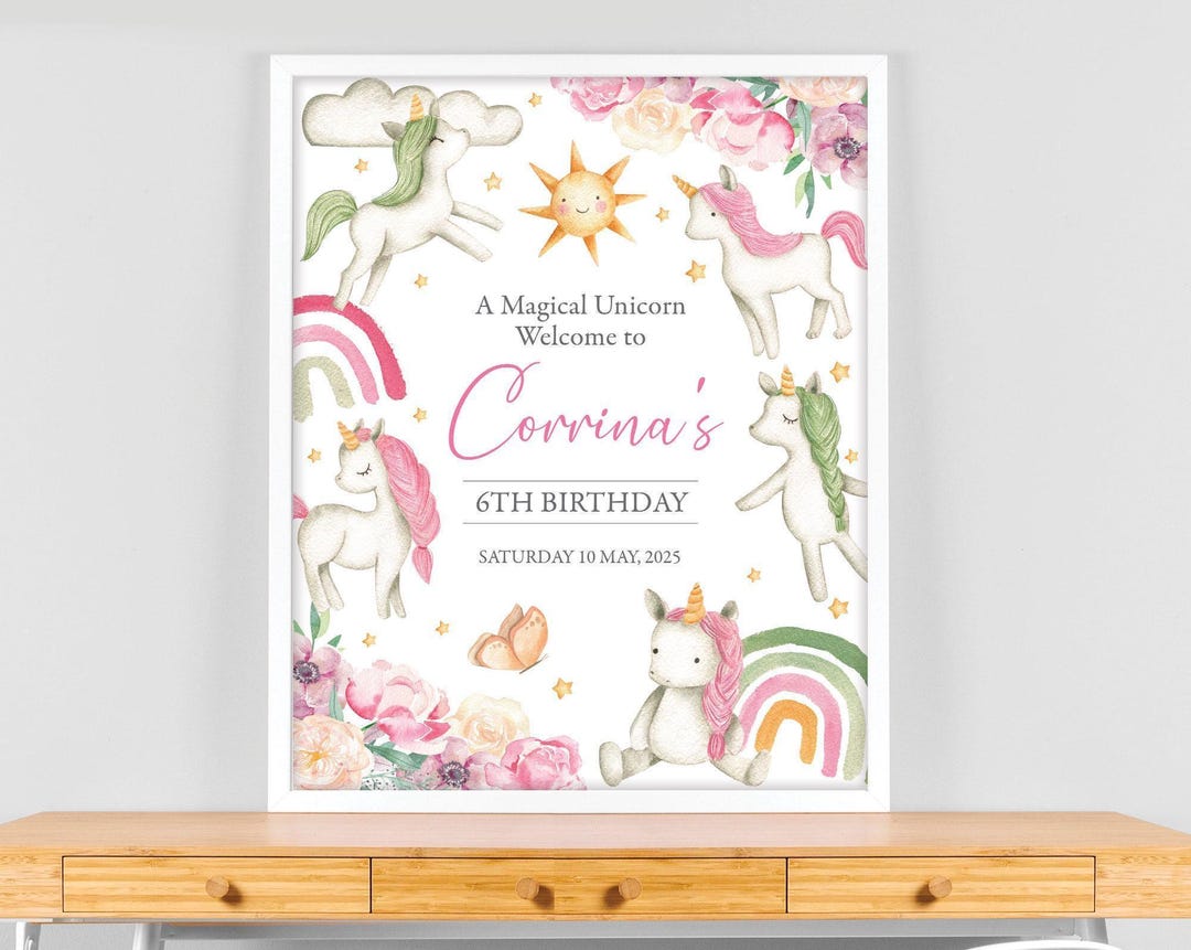 16 X 20 Magical Unicorn Party Welcome Sign With Little Girl Unicorns ...