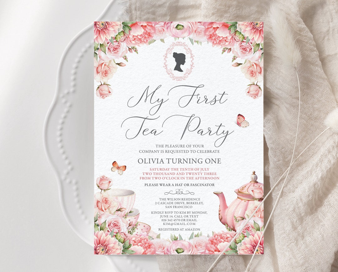 5 X 7 My First Tea Party Bridgerton Invitation With Pink Flowers ...