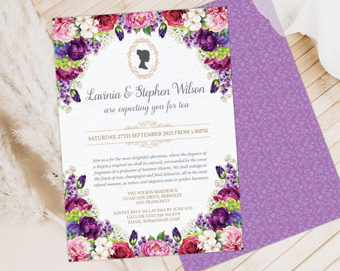 5 X 7 Regency Tea Invitation With Pretty Summer Blooms, Gold Cameo and ...