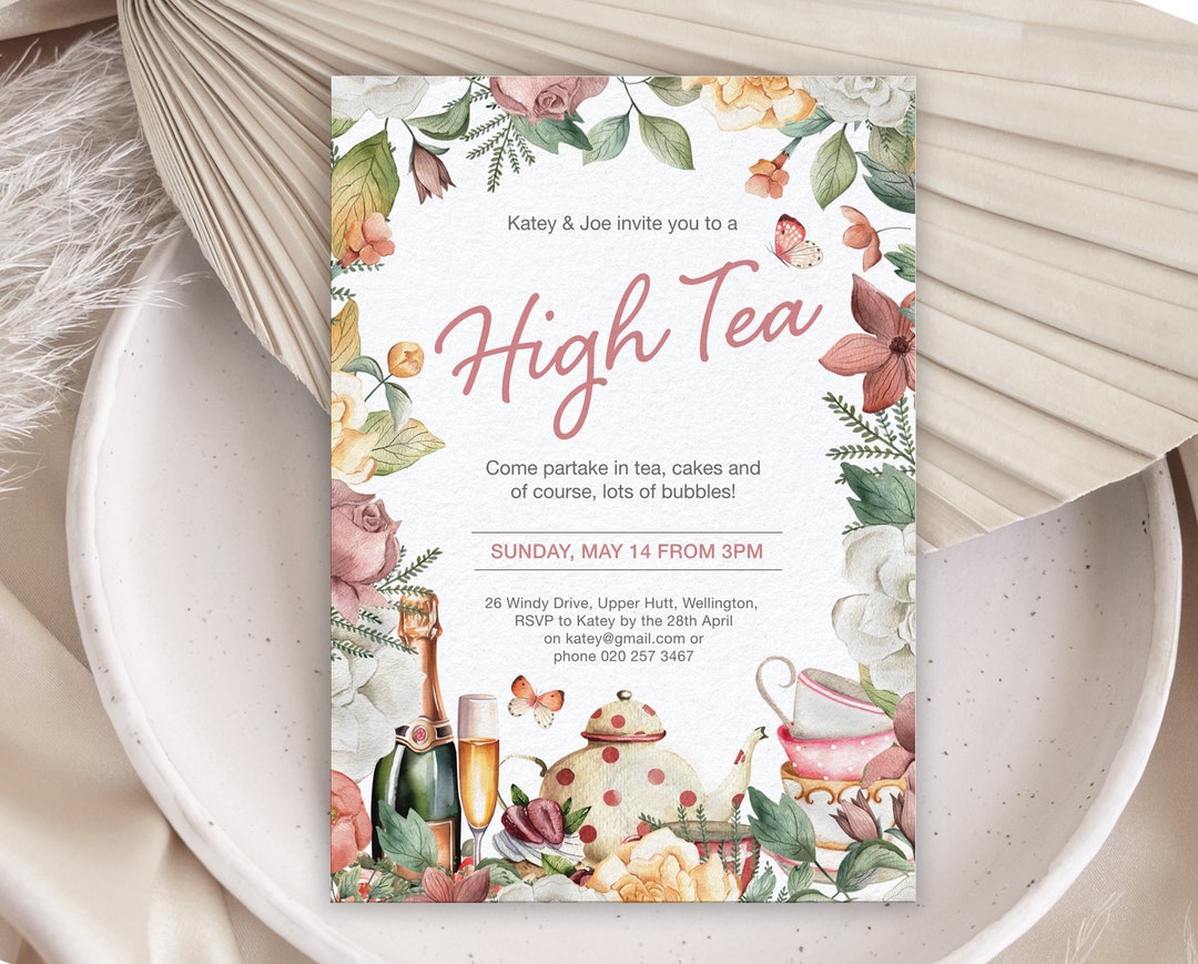 5 X 7 High Tea Party Invitation With Pretty Floral Border, Teapot ...