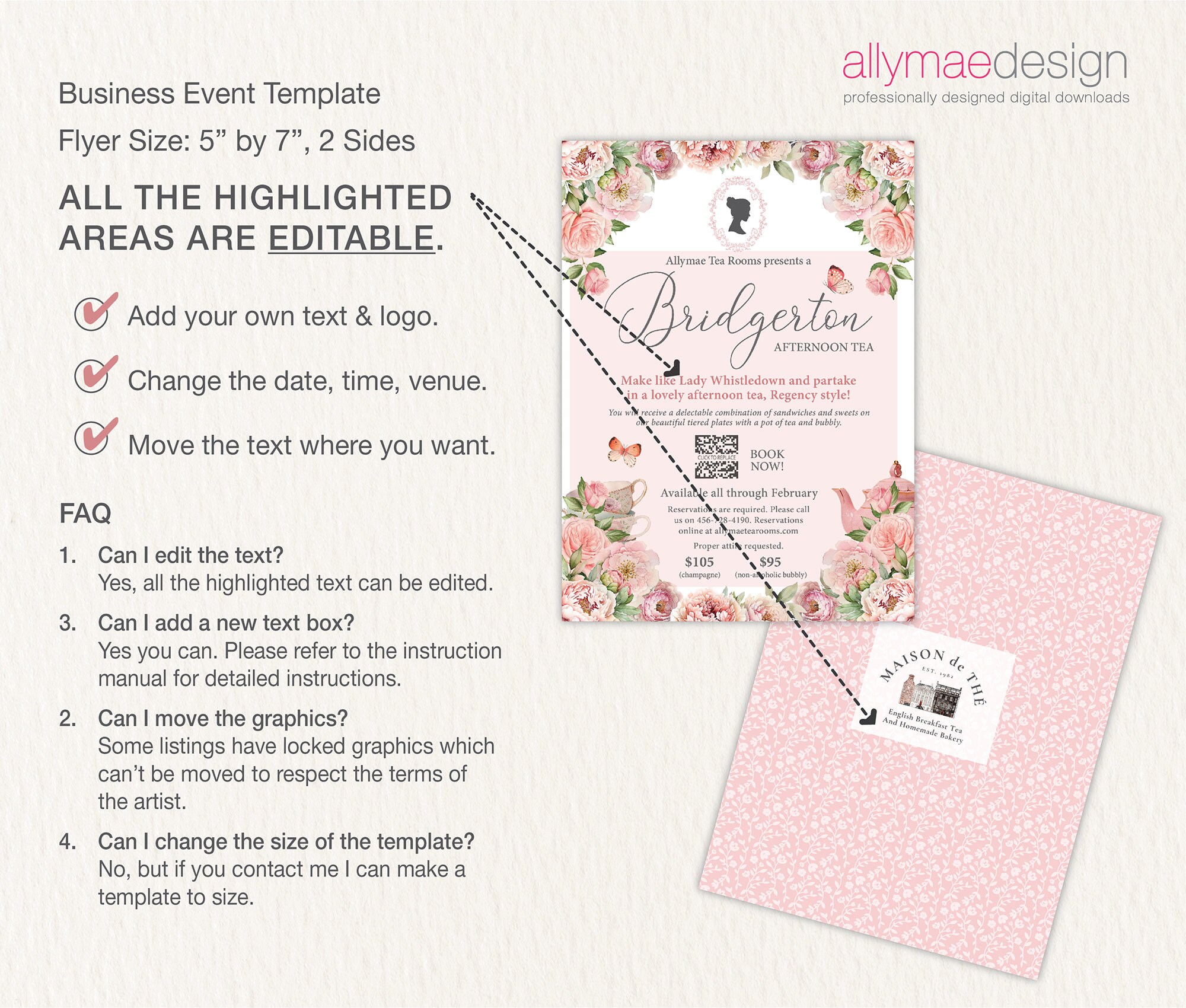 5 X 7 Bridgerton Afternoon Tea Blush Pink Business Event Flyer With ...