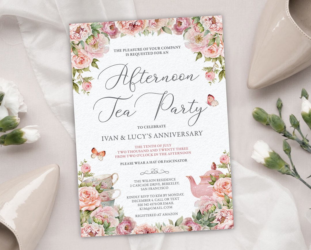 5 X 7 Afternoon Tea Anniversary Party Invitation With Blush Pink ...