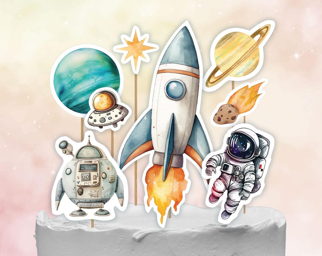 Space Party Cake Toppers, Stickers, Cutouts, Spaceman, Rocket, Alien ...