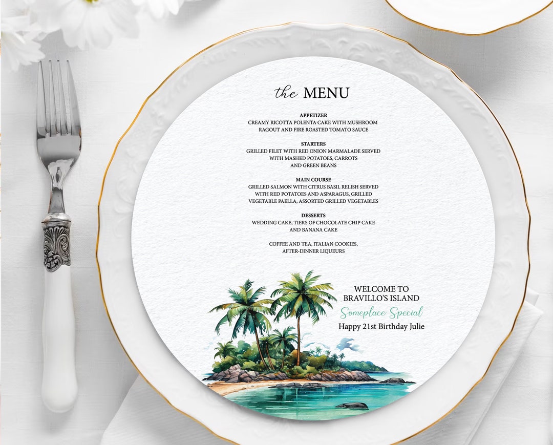 8 X 8 Round Island Theme Menu, Tropical Island Graphic, Pretty Yellow ...