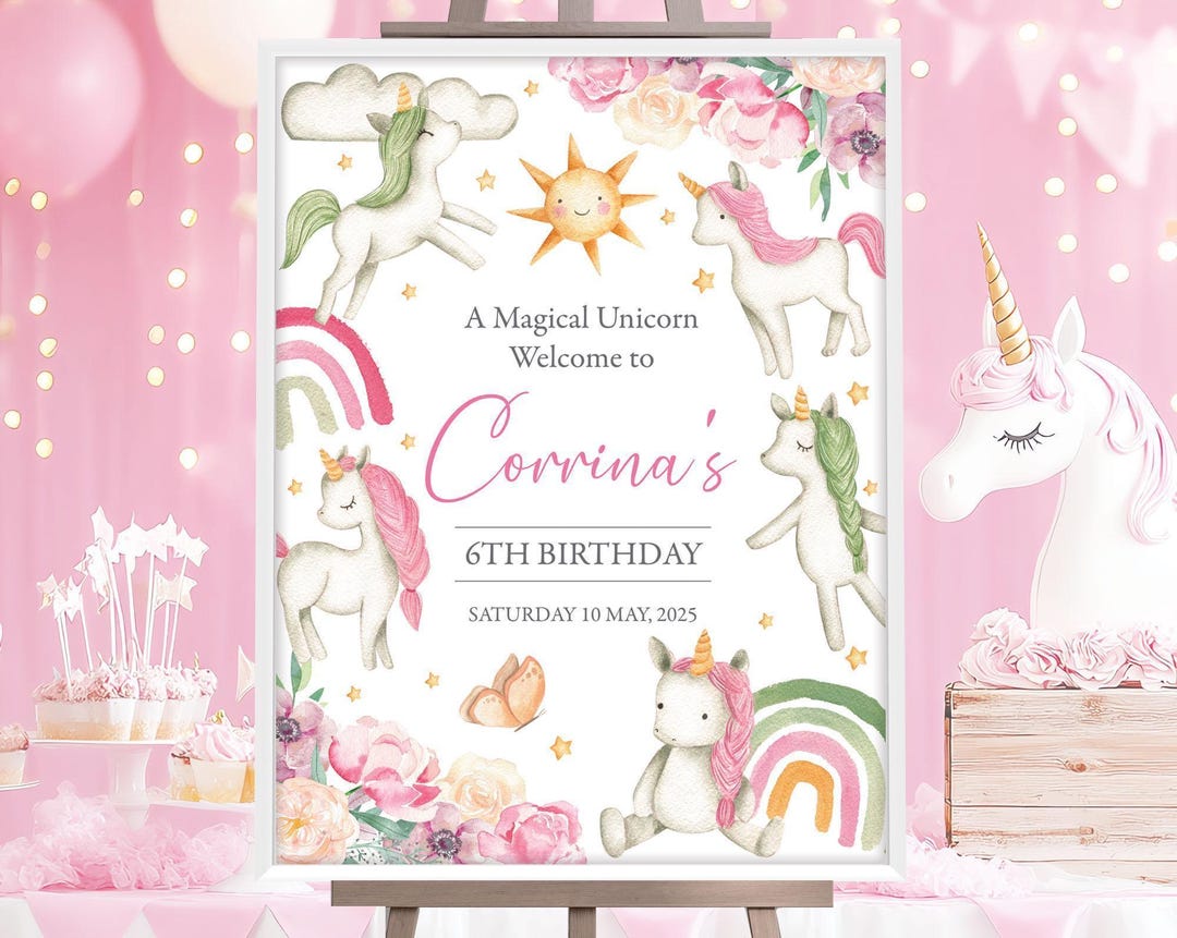 18x24 Magical Unicorn Party Welcome Sign: Baby Unicorns, Rainbows, Sun ...