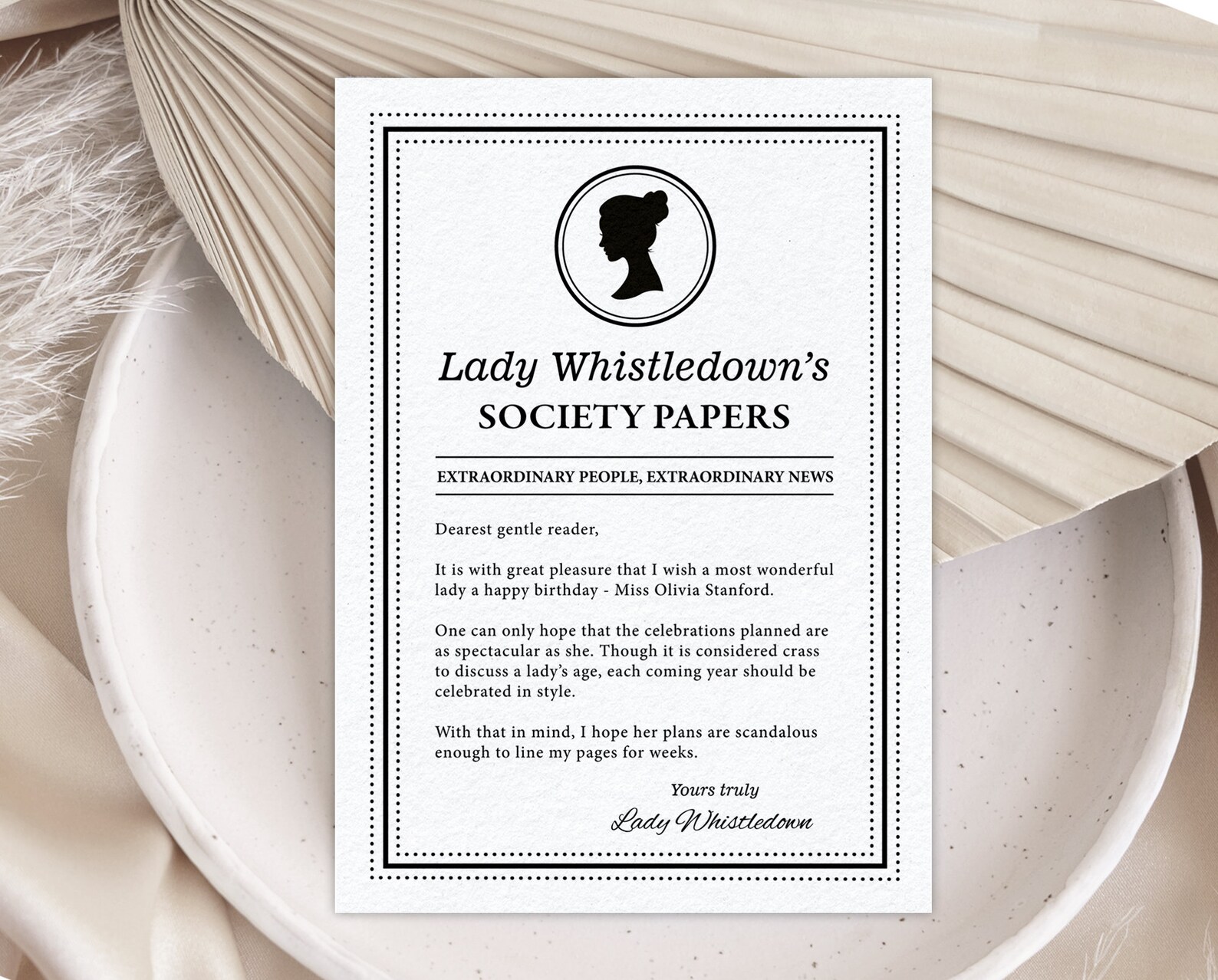 Lady Whistledowns Society Page Birthday Announcement, Dearest Gentle Reader, Black White ...