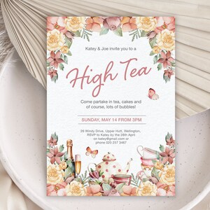 High Tea Invitation, Pretty Yellow Pink Flowers, Butterfly, Champagne ...